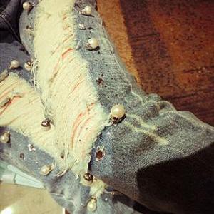 [gh10092]beaded Blue Heavy Destroyed Denim Jeans Cropped Pants on Luulla