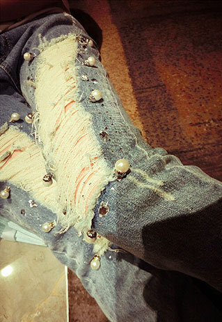[gh10092]beaded Blue Heavy Destroyed Denim Jeans Cropped Pants on Luulla