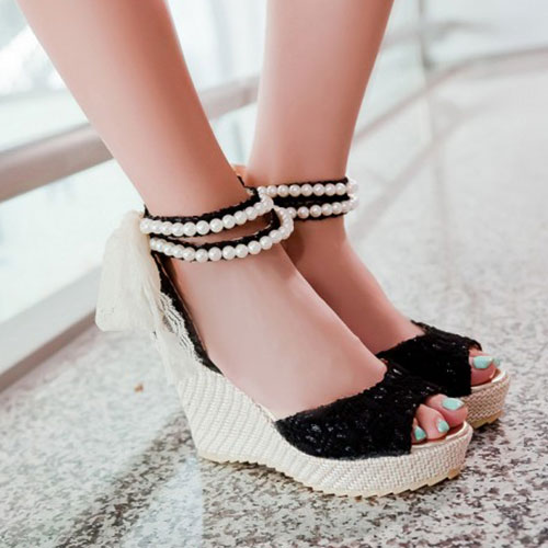 [gh10097]beaded Ankle Strap Lace Bowknot High Wedge Heel Sandal On Luulla